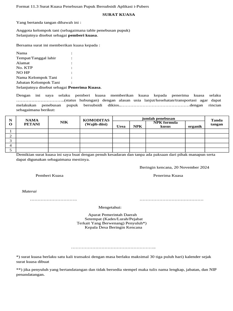 Format Kuasa Pupuk 20224 | PDF