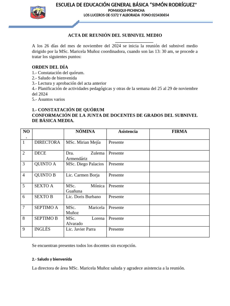 Acta de Reunión Del Subnivel Medio Noviembre Mony - 26-11-2024 | PDF