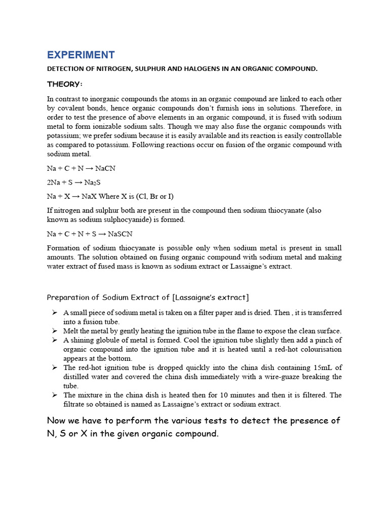 Lassaigne Test for Nitrogen and Sulphur | PDF | Sodium | Chemical Compounds