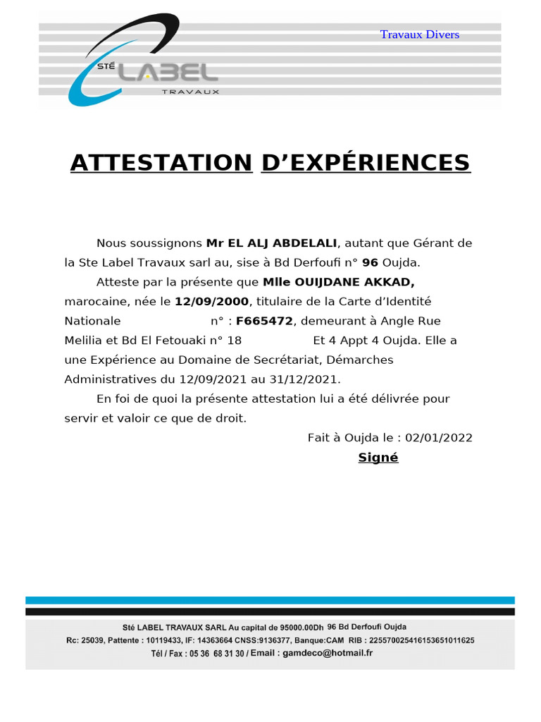 Attestation d'Expérience Professionnelle | PDF