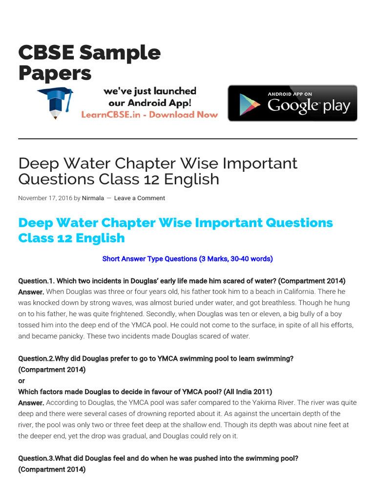Deep Water Chapter Wise Important Questions Class 12 English | PDF ...