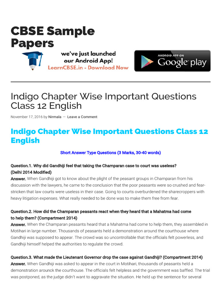 Indigo Chapter Questions Class 12 | PDF | Mahatma Gandhi | British Raj
