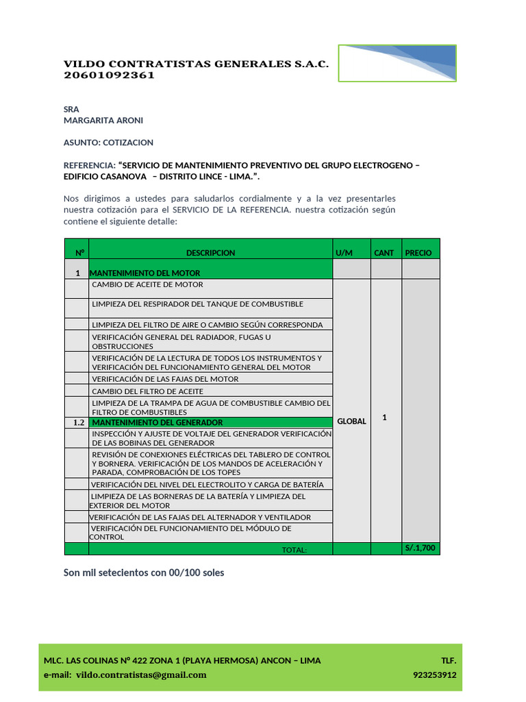 COTIZACION Grupo Electrogeno | PDF | Ingeniería mecánica | Bienes ...