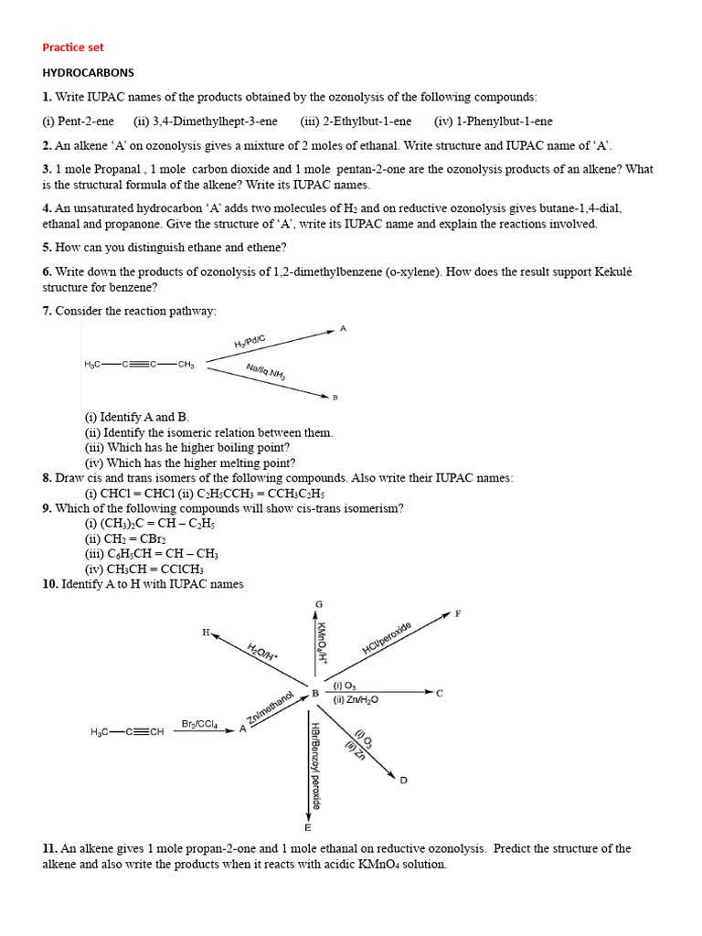 Hydrocarbons Practice Set 1 | PDF