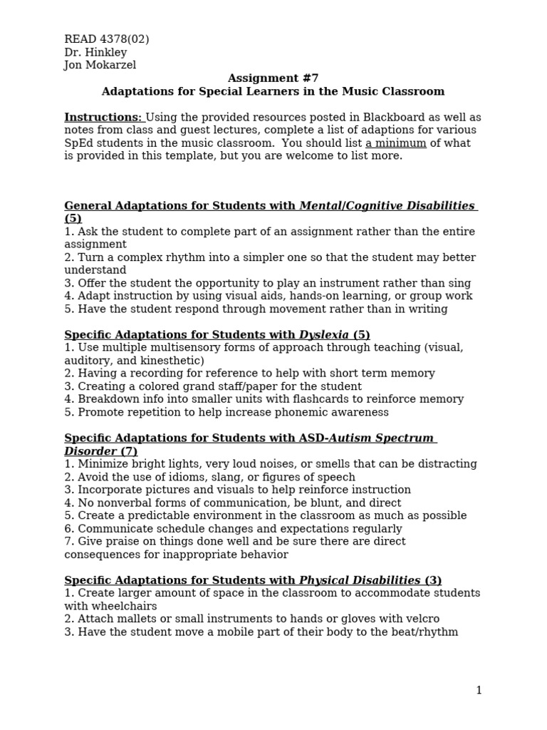 Asst 7 - SpEd Adaptation - Sp23 | PDF | Musical Instruments | Classroom