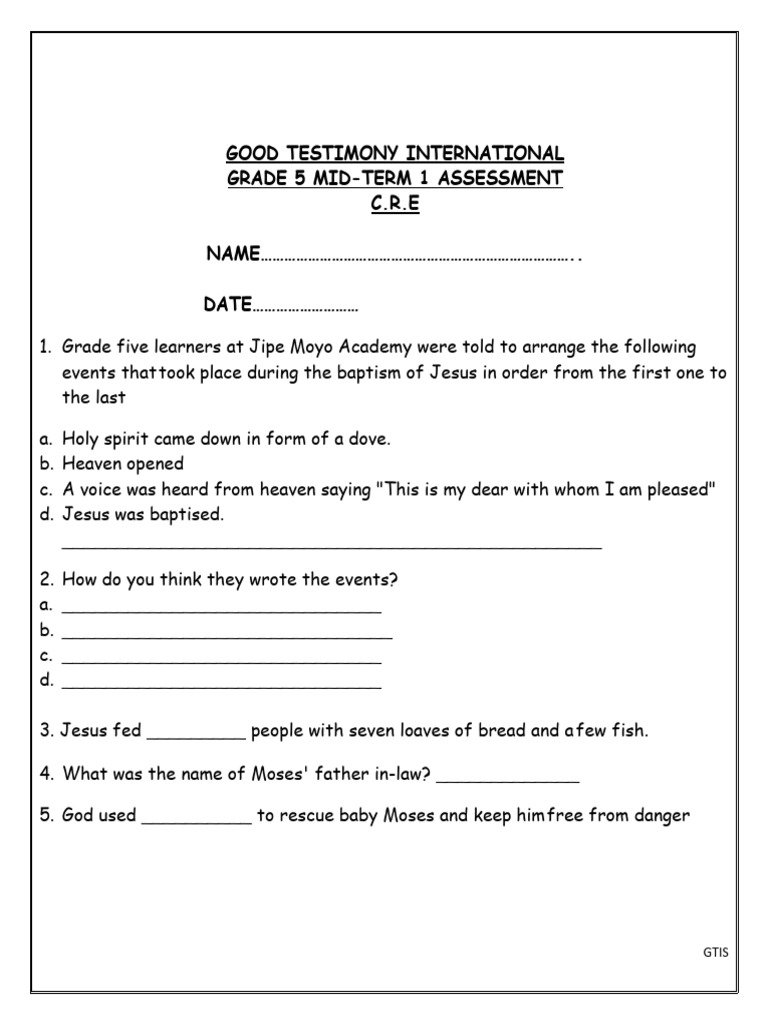 Grade 5 C.R.E Mid-Term Assessment | PDF