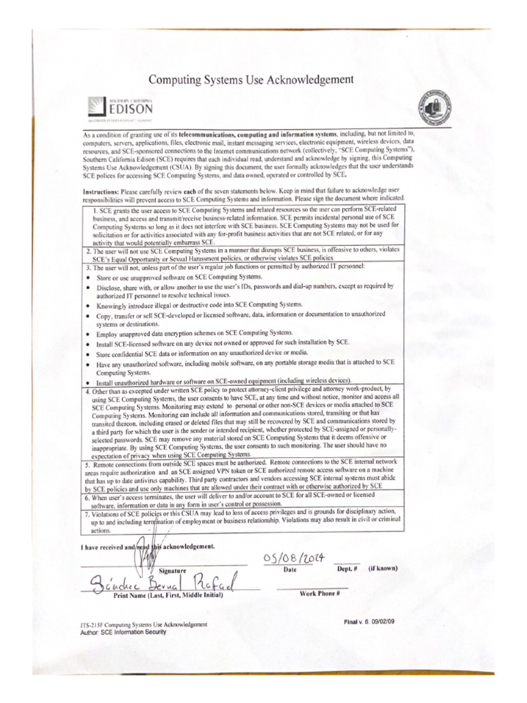 Computing Systems Use Acknowledgement | PDF