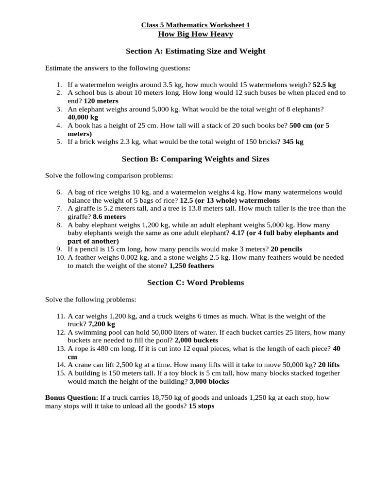 Class 5 Math: Size & Weight Estimation | PDF