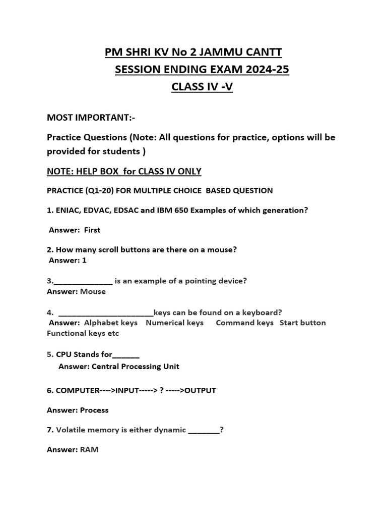 Practice Papers Class - IV - V Computer | PDF | Computer Keyboard ...