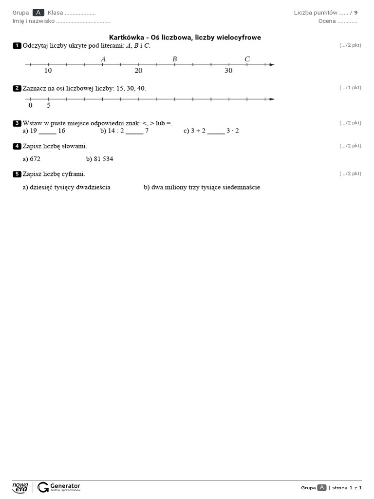Kartkówka - Oś Liczbowa, Liczby Wielocyfrowe | PDF