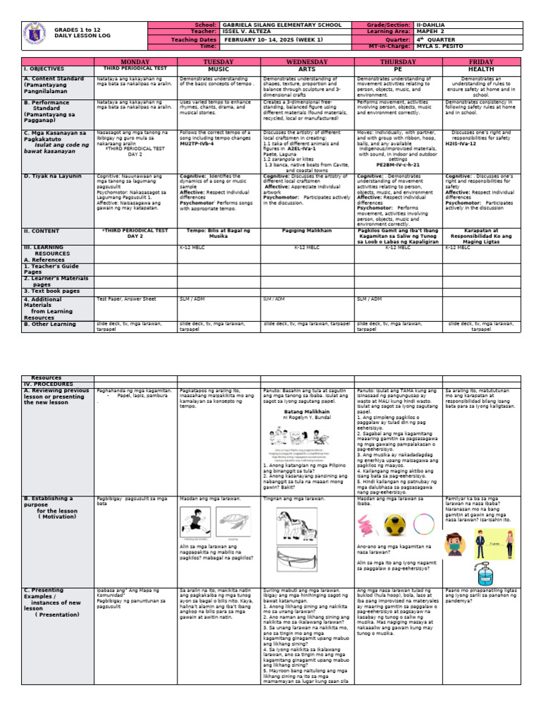 DLL Mapeh-2 Q4-Week1 | PDF