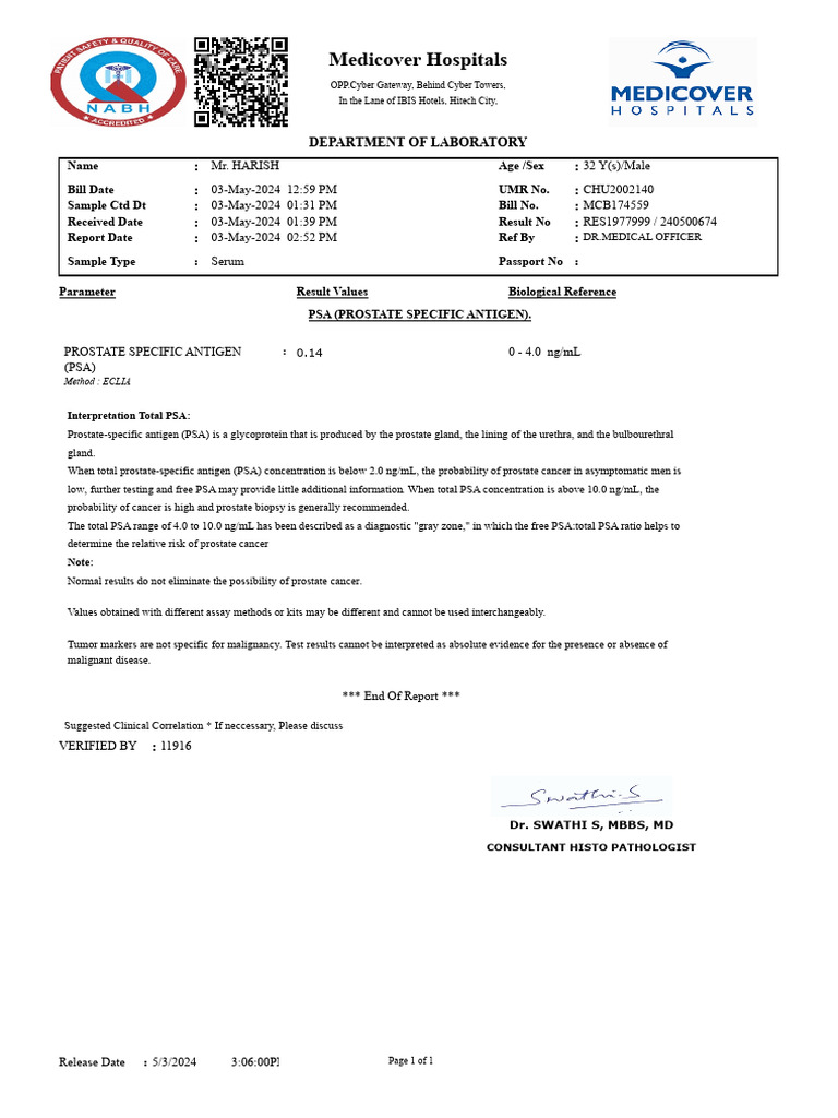 Medicover Hospitals: Department of Laboratory | PDF | Prostate Specific ...