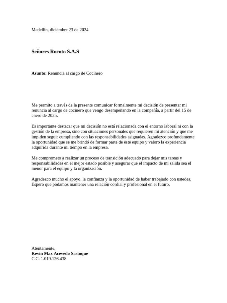 Renuncia Cocinero Kevin Acevedo | PDF