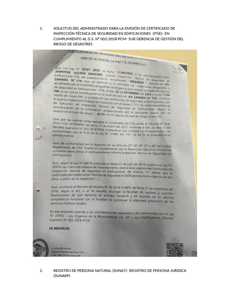 Solicitud Del Aministrado para La Emisión de Certificado de Inspección Técnica de Seguridad en ...