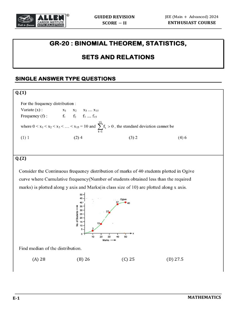 Binomial Theorem, Statistics, Sets and Relations JEE ADV + Mains Prep ...