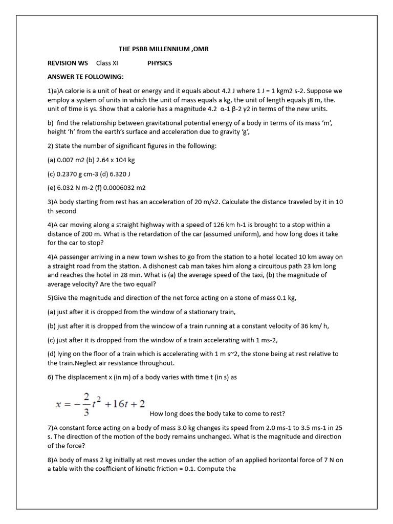 Class XI Physics Revision Worksheet | PDF | Force | Mass