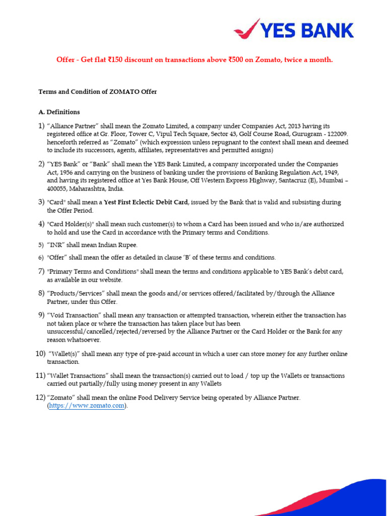 Ybl Zomato Offer TNC Yesfirst | PDF | Banks | Debit Card