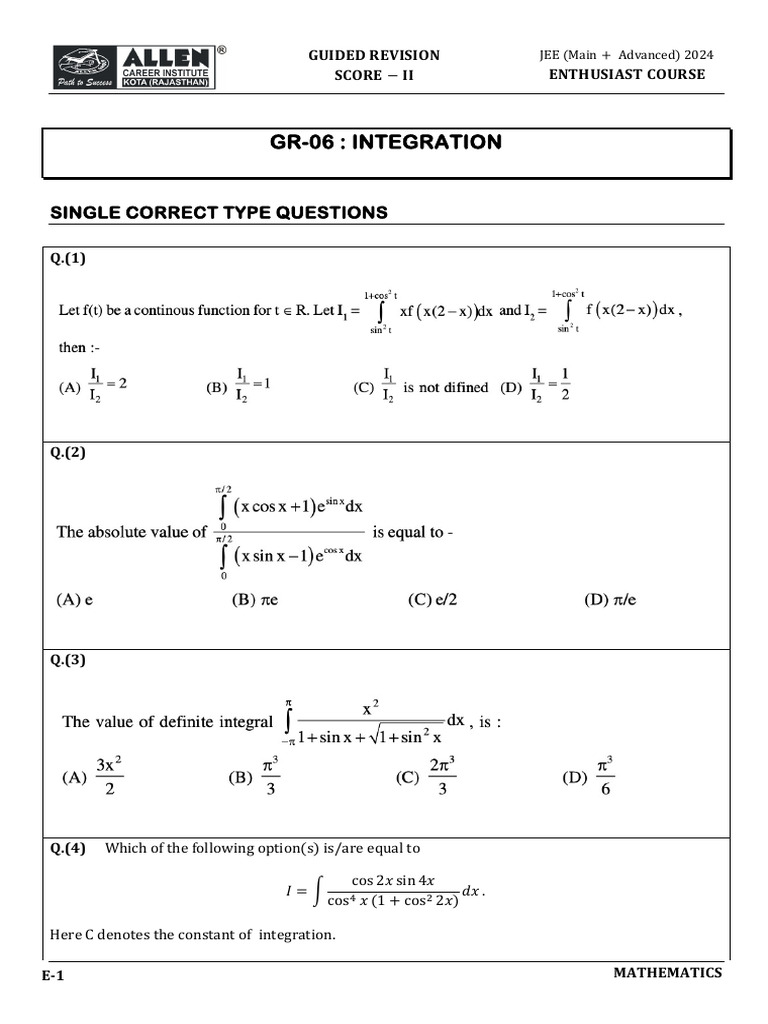 Integration JEE ADV + Mains Prep | PDF | Mathematical Concepts | Calculus