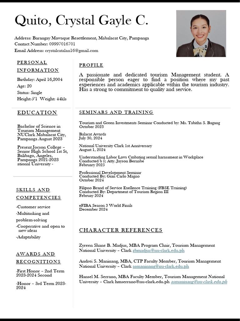 1 Quito, Crystal Gayle Resume For Internship (NU Clark BSTM) | PDF