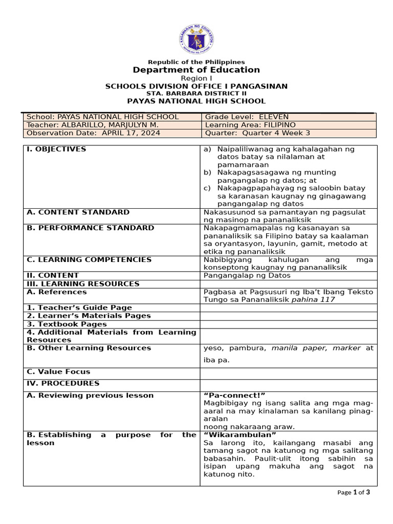 FINAL GRADE 11 SEMI DETAILED LESSON PLAN DepEd Ranking | PDF