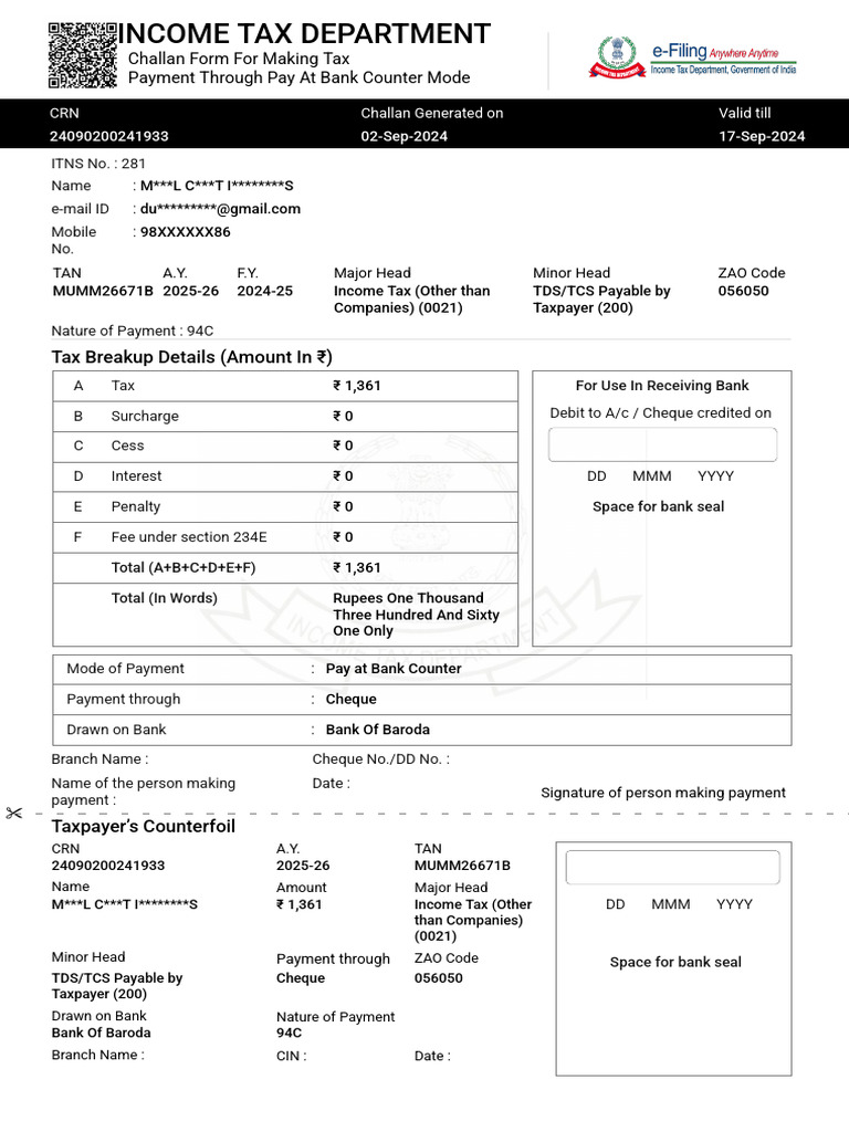 Manisha Gajanan Patil - Tds Challan - 03-09-2024 | PDF | Cheque | Banks