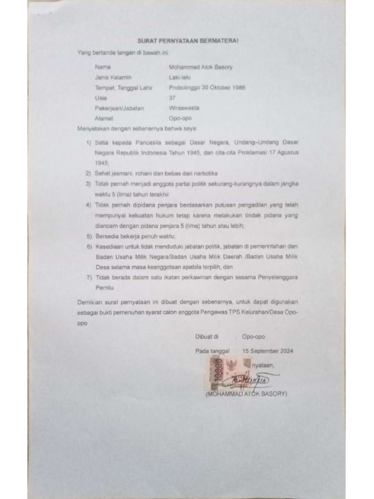 Surat Pernyataan Bermaterai - Compressed | PDF