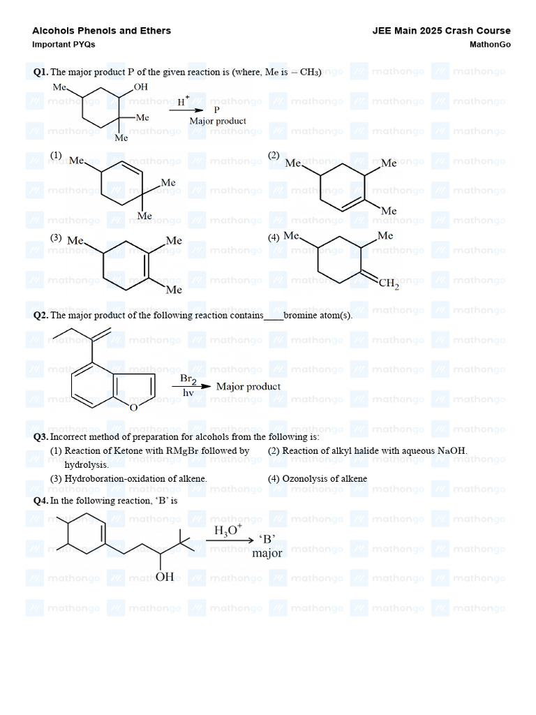 Important PYQs - Alcohols Phenols and Ethers | PDF | Alkene | Ether