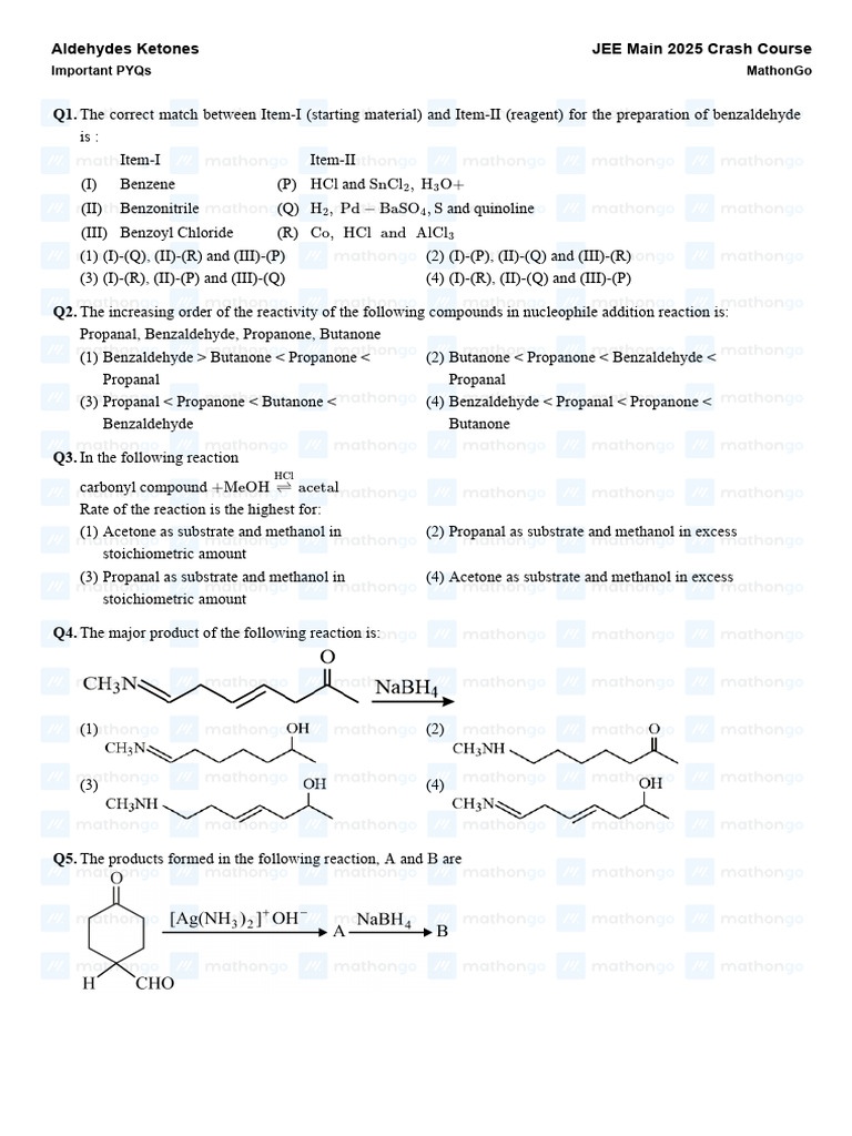 Important PYQs - Aldehydes Ketones | PDF | Aldehyde | Ketone