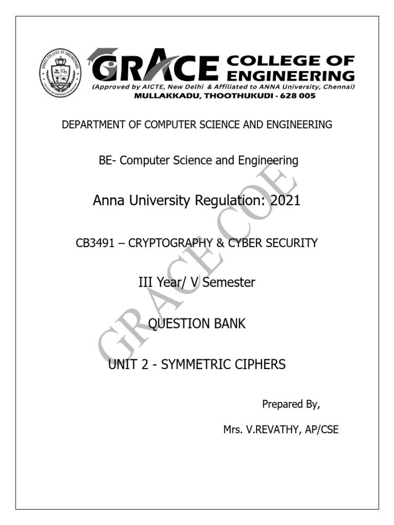 III Cse Cb3491 Ccs Qb Unit 2 | PDF | Encryption | Key (Cryptography) III Cse Cb3491 Ccs Qb Unit 2 | PDF | Encryption | Key (Cryptography)