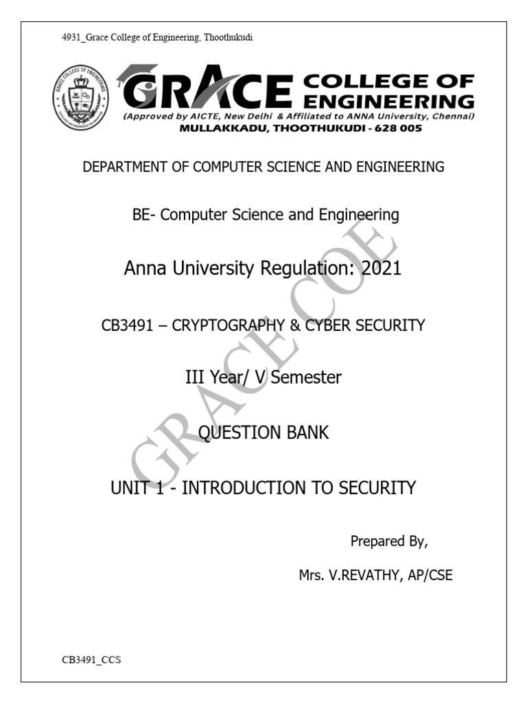 III Cse Cb3491 Ccs Qb Unit 1 | PDF | Cryptography | Encryption