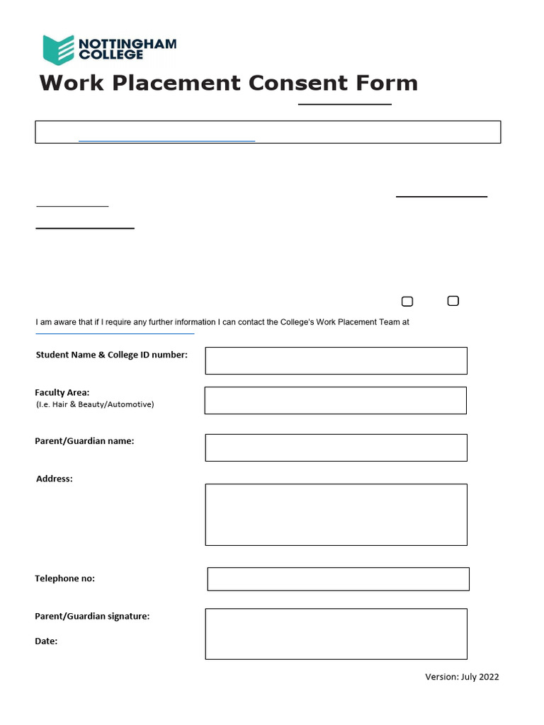 Work Placement Consent Form for Minors | PDF