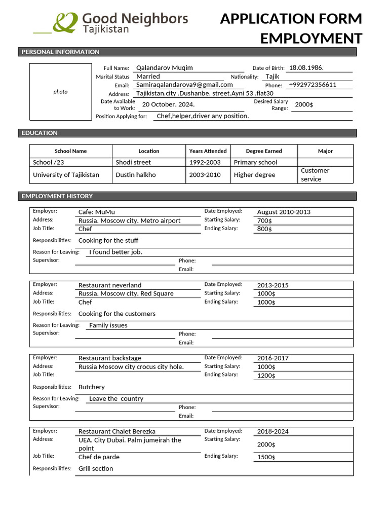 Employment Application for Chef Position | PDF | Multilingualism ...