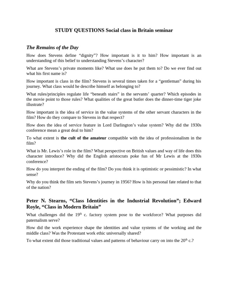 STUDY QUESTIONS Social Class in Britain | PDF