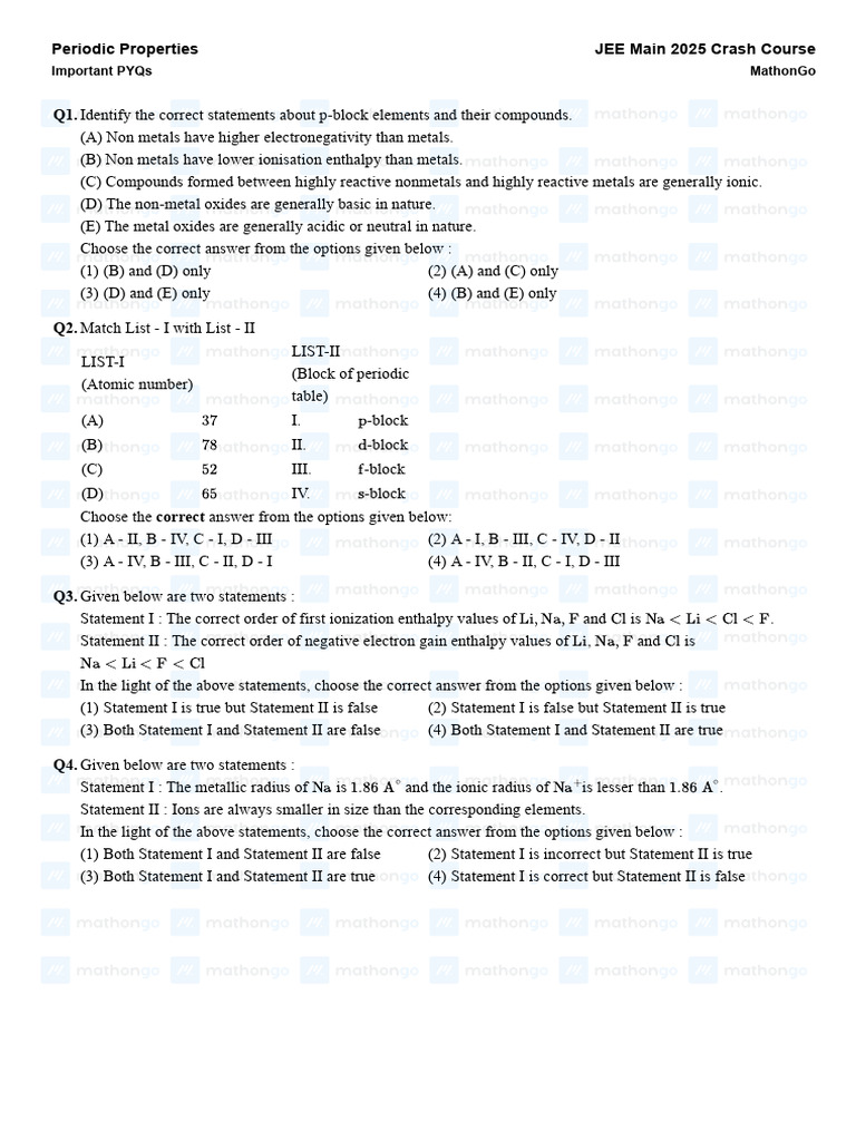 Important PYQs - Periodic Properties | PDF | Electron Configuration | Chemical Bond