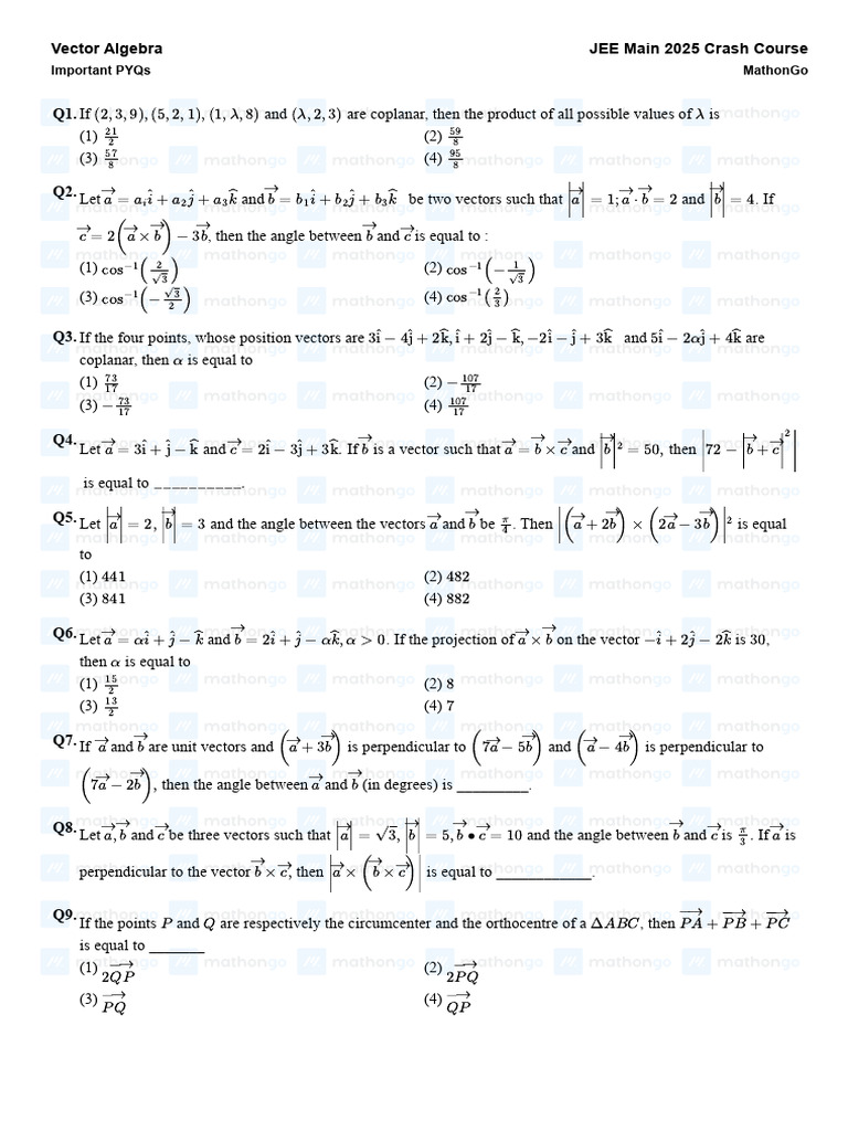Important PYQs - Vector Algebra | PDF | Area | Mathematical Concepts