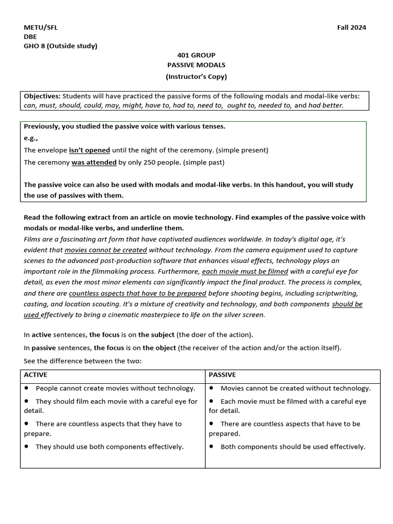 GHO 8 INS (PASSIVE MODALS) OUTSIDE STUDY (1) | PDF | Verb | Filmmaking