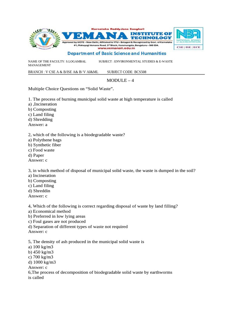 Solid Waste & E-Waste Quiz | PDF | Electronic Waste | Waste Management