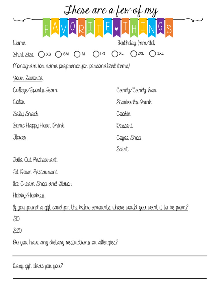 Favorite Things Questionnaire - Fillable | PDF