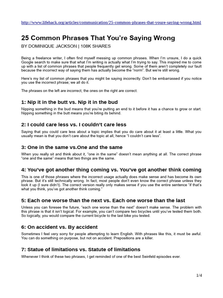 25 Common Phrases That You're Saying Wrong | PDF | Grammar | Linguistic ...