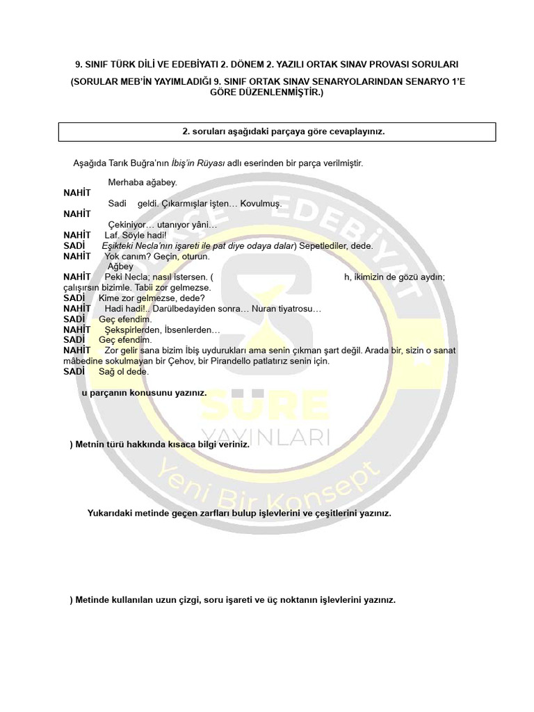 Siniflar Osp 2. Dönem 2. Yazili Süre Yayinlari Senaryo 1 | PDF