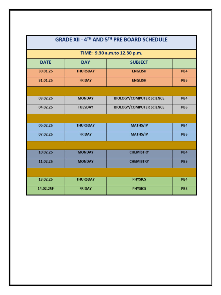 Grade Xii 4 & 5 Preboard Examination Schedule | PDF