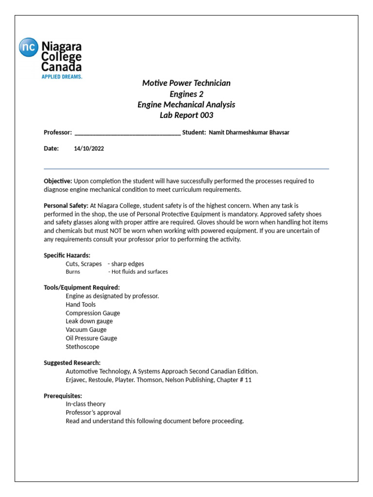 Engine Mechanical Analysis Lab Report | PDF | Mechanical Engineering