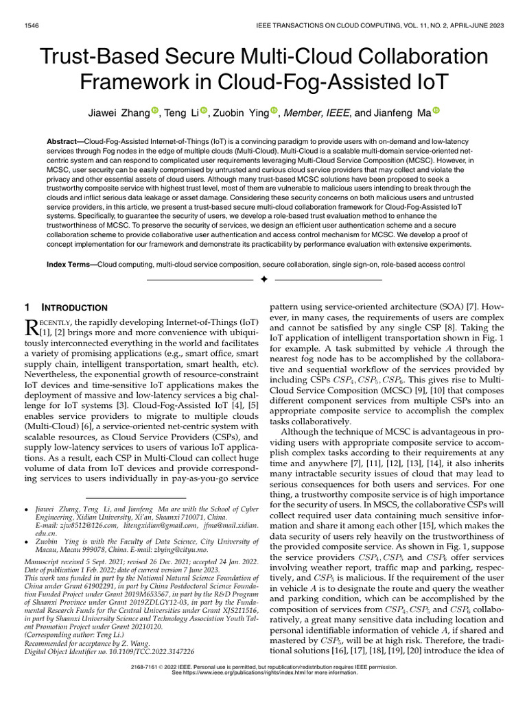 Trust-Based Secure Multi-Cloud Collaboration Framework in Cloud-Fog-Assisted IoT | PDF ...