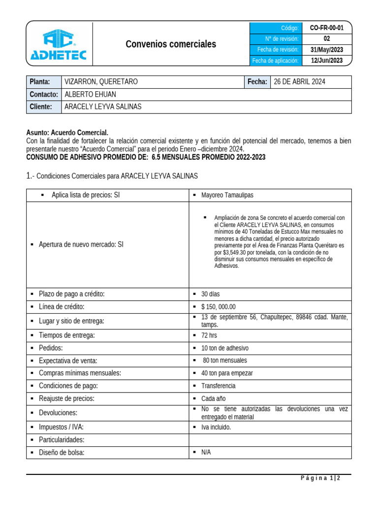 Co-Fr-00-01 Rev. 02 Formato de Convenio Comercial - Aracely Leyva | PDF | Economias | Dinero