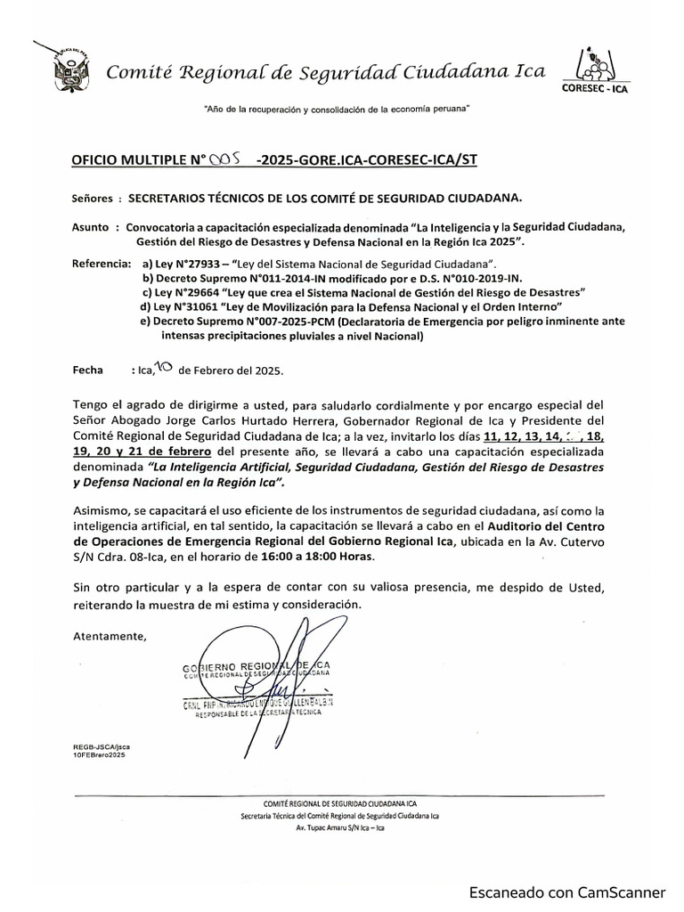 Oficio Multiple n005 2025 Gore - Ica Coresec Ica ST | PDF