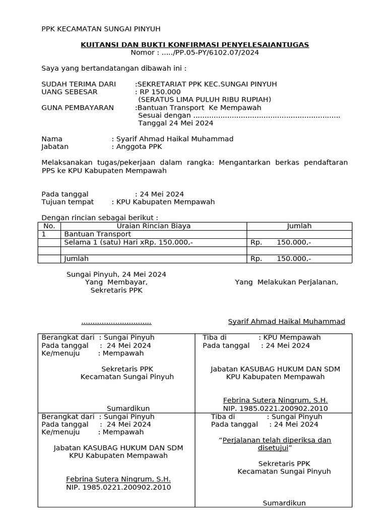 Kuitansi Tugas PPK Sungai Pinyuh | PDF