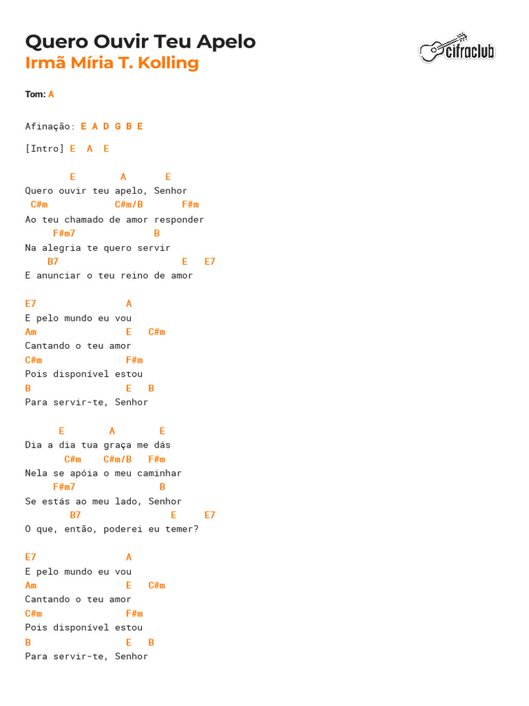 Cifra Club - Irmã Míria T. Kolling - Quero Ouvir Teu Apelo | PDF
