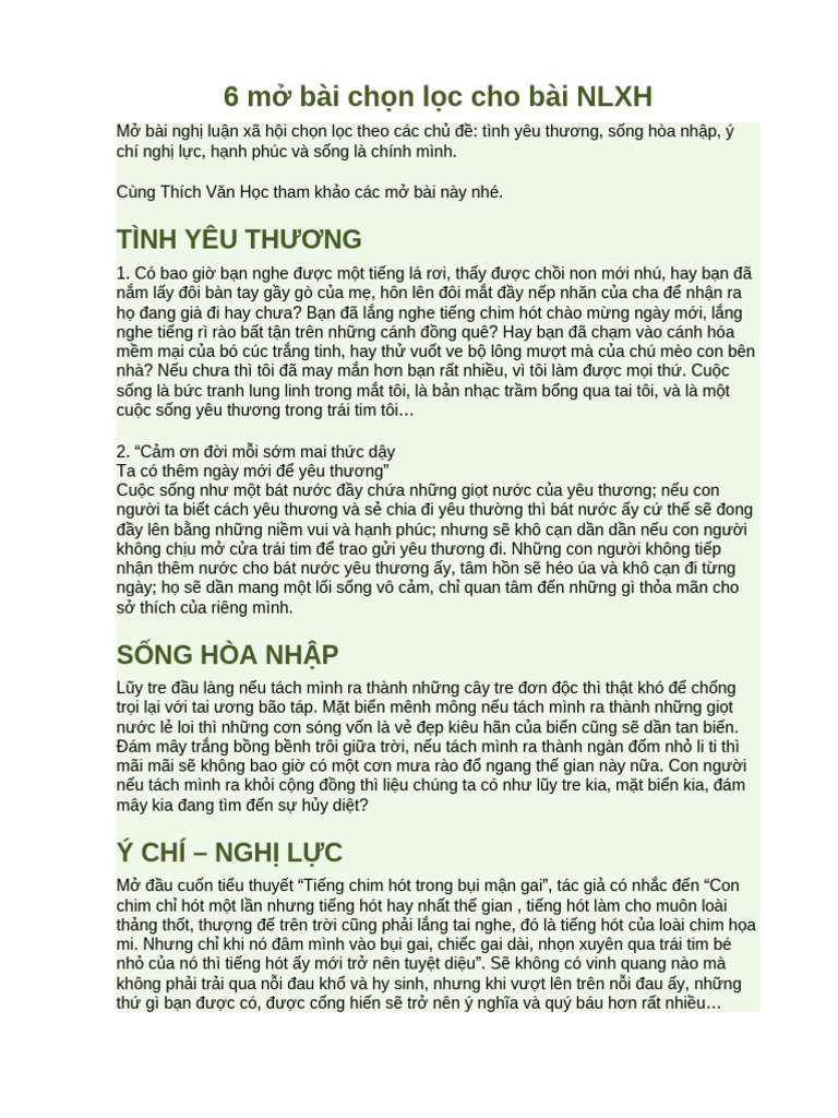 6 mở bài chọn lọc cho bài NLXH | PDF