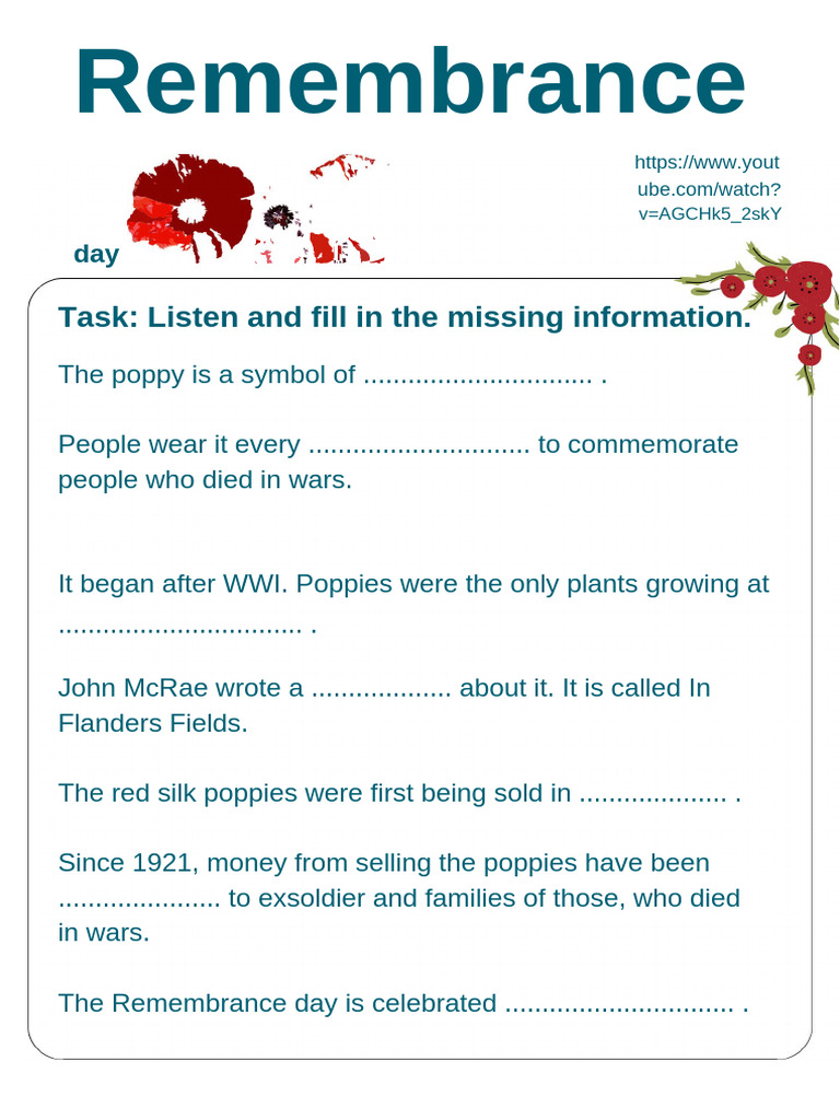 Remembrance Day Listening Worksheet | PDF