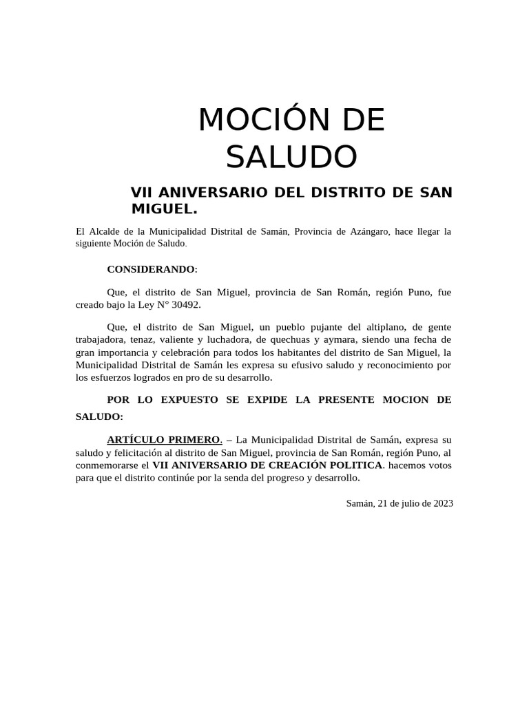 Moción de Saludo San Miguel | PDF